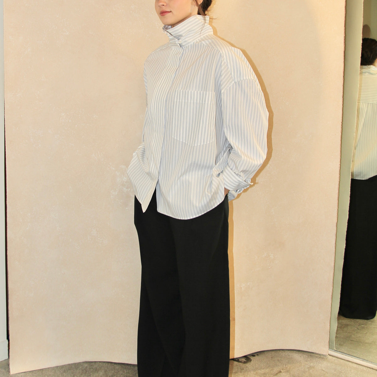 High Collar Button Down - Dark Grey Striped – The NKC Store